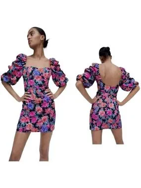 Zara | Dresses | Zara Floral Puff Sleeve Belted Mini Dress Pink Purple ...